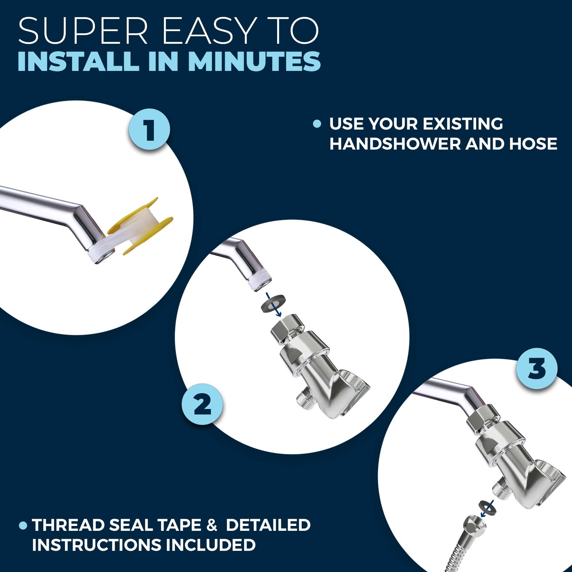 ALL METAL Handheld Shower Head Holder - CHROME - Adjustable Shower Wand Holder with Universal Wall Hook Bracket and Brass Pivot Ball - Hand Held Shower Head Holder - Shower Hose Holder