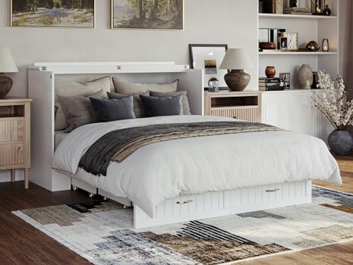 AFI Cottage Style Queen Size Murphy Bed Chest with Mattress, Storage, and Built-in Charger in White
