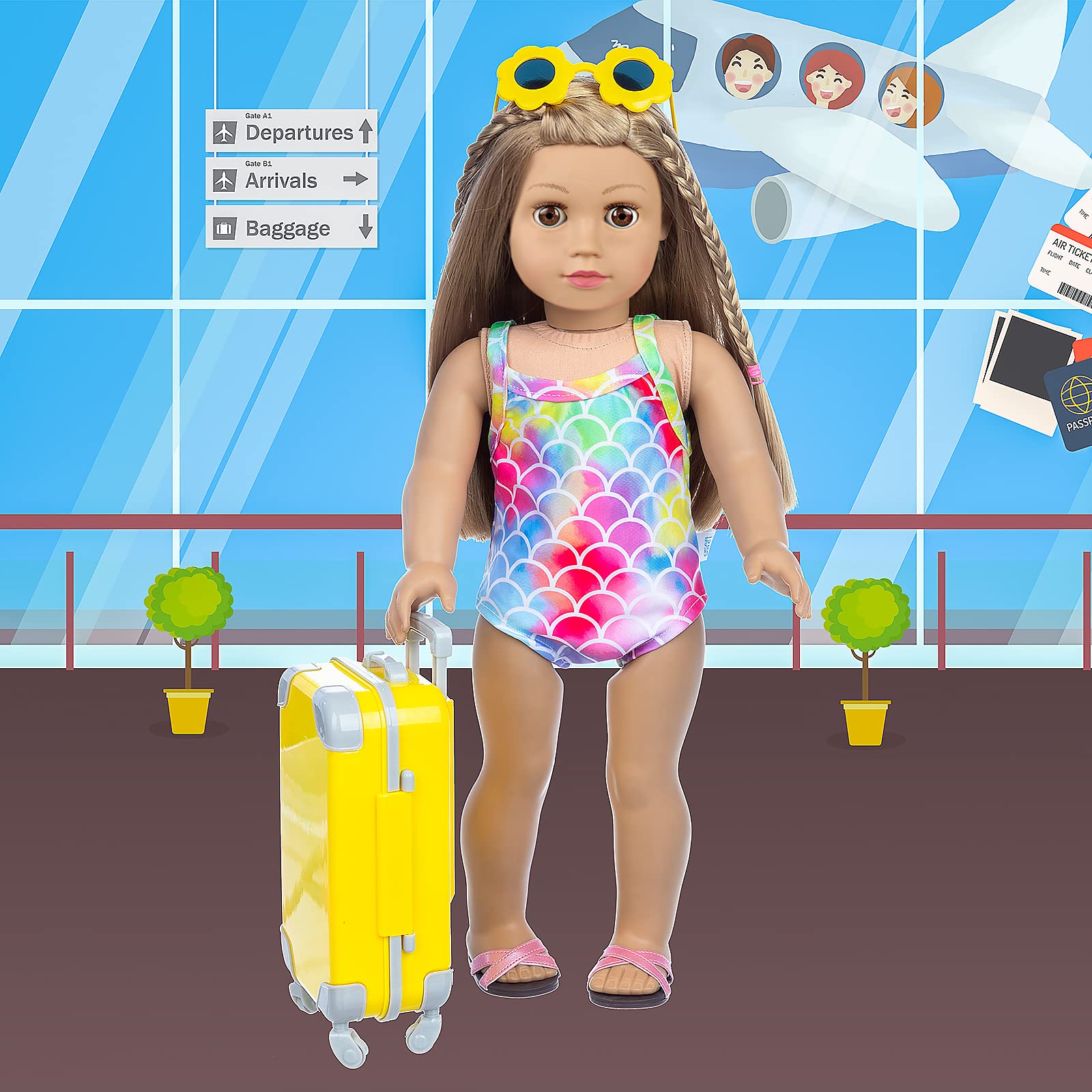 BDDOLL 18 Inch Doll Clothes and Accessories Dolls Travel Suitcase Luggage Play Set for 18 Inch Girl Doll Including Sunglasses Camera Computer Phone Ipad