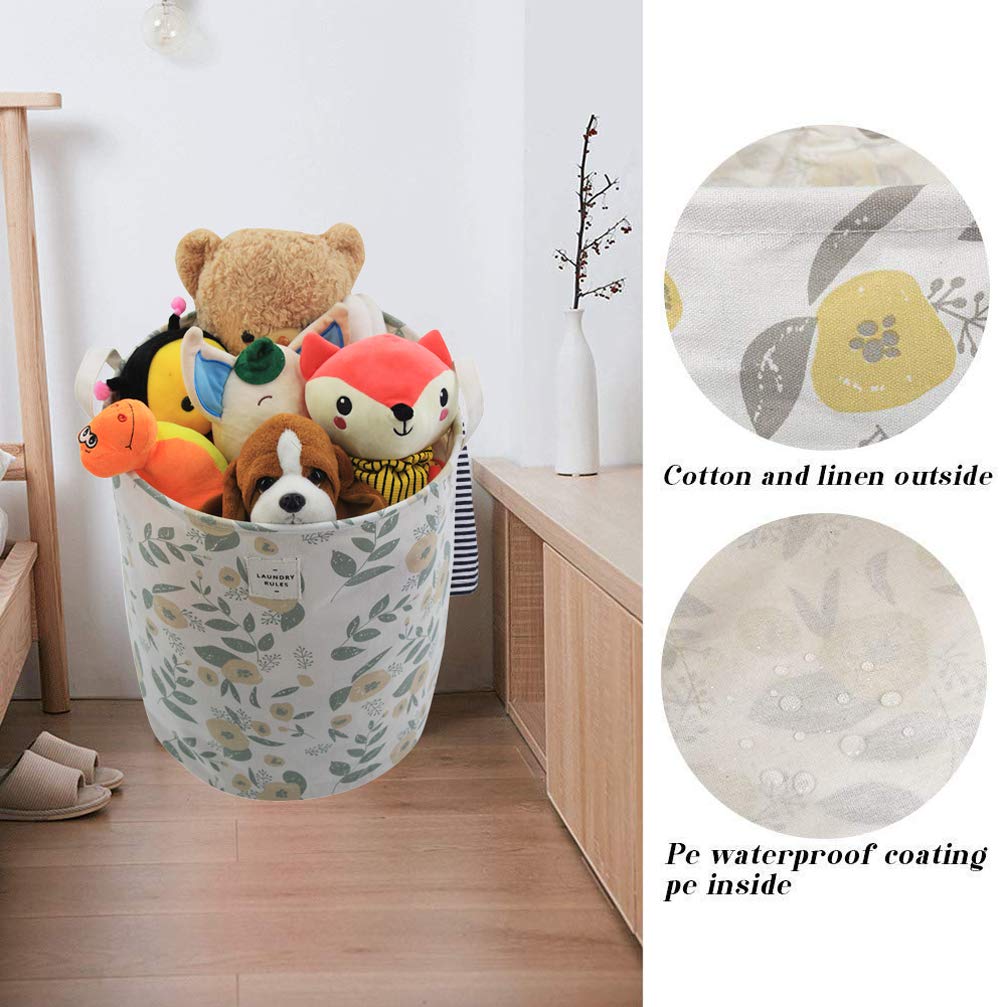 Large Fabric Storage Bins Toys Storage Basket for Baby Nursery, Kids Playroom, Home Organizer, Collapsible Laundry Basket Hamper with Floral Pattern (Green Flowers)