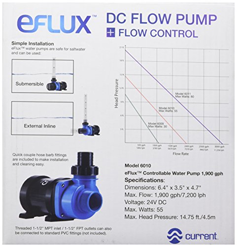 Current USA eFlux DC Flow Pump with Flow Control 1900 GPH | Ultra Quiet, Submerisble or External Installation | Safe for Saltwater & Freshwater Systems, Model Number: 6010