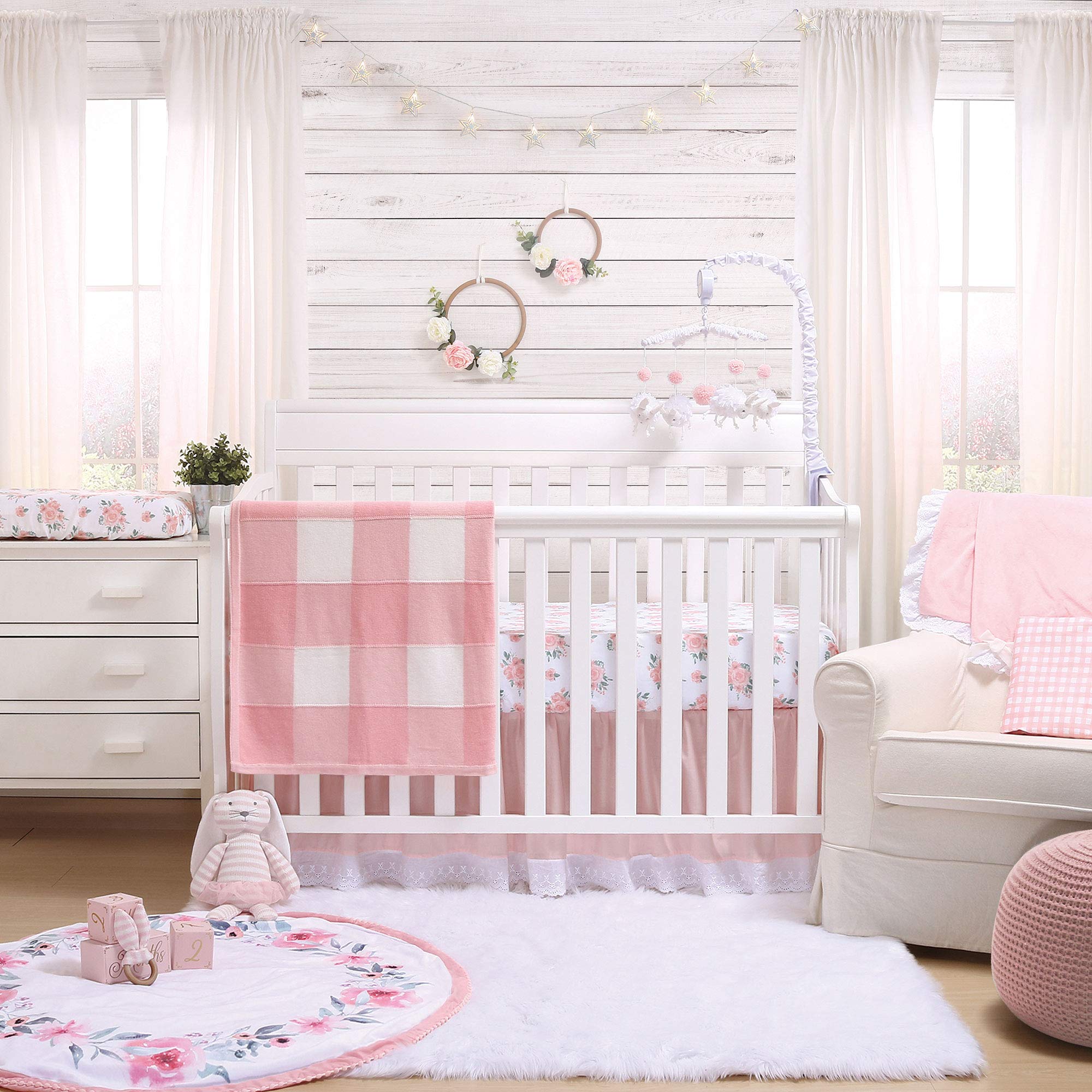 Pink and White Floral Wooden Ring Nursery Wall Decor - Farmhouse Collection by The Peanut Shell