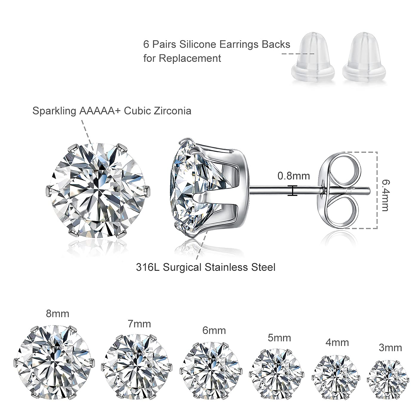 6 Pairs Stainless Steel Stud Earrings Set,Stainless Steel Hypoallergenic Cubic Zirconia Earring Stud earrings Set(6 Pairs)
