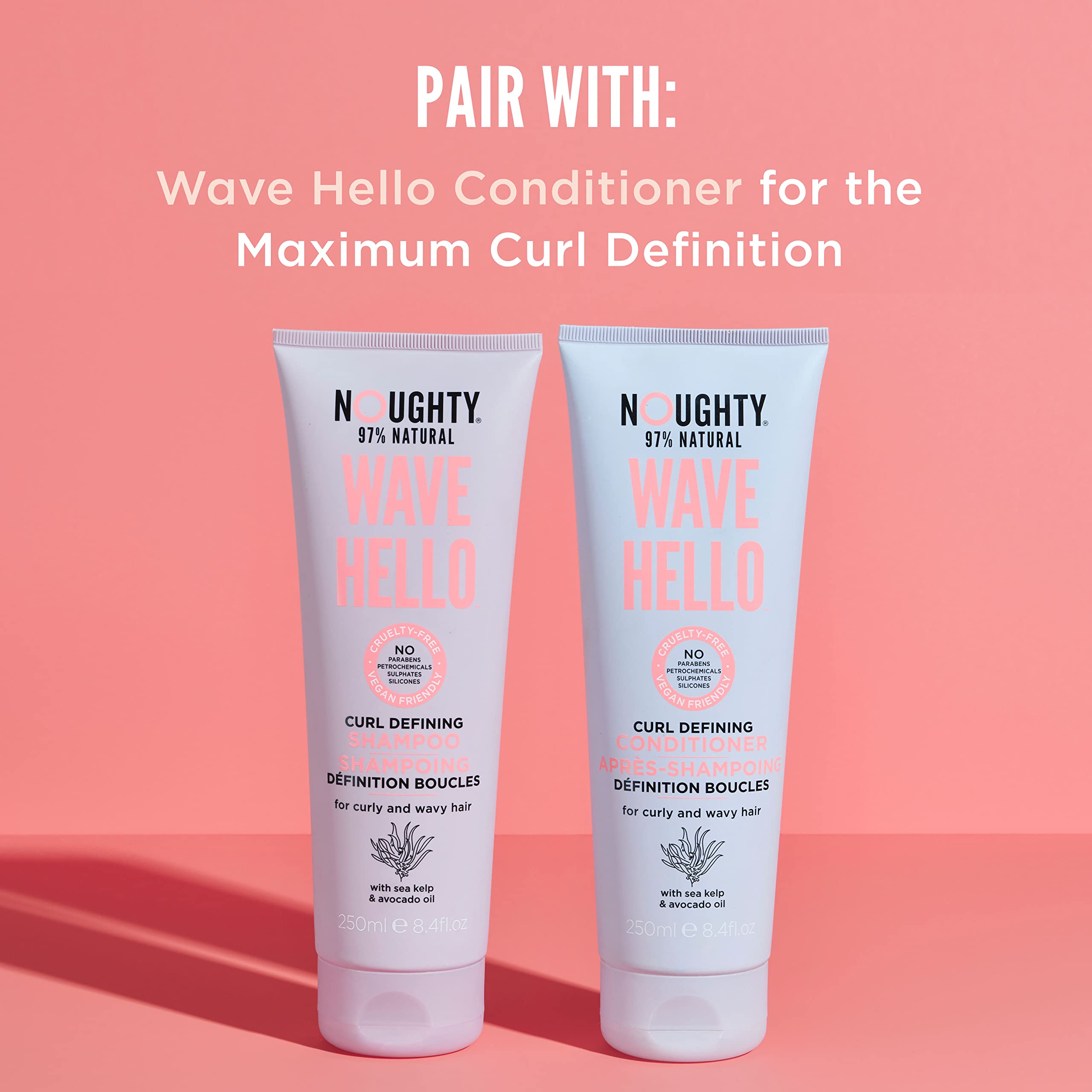 Noughty Wave Hello Curl Defining Shampoo - 97% Natural, Vitamin-Rich Formula for Curly and Wavy Hair, Sulphate-Free Vegan Haircare, 250ml