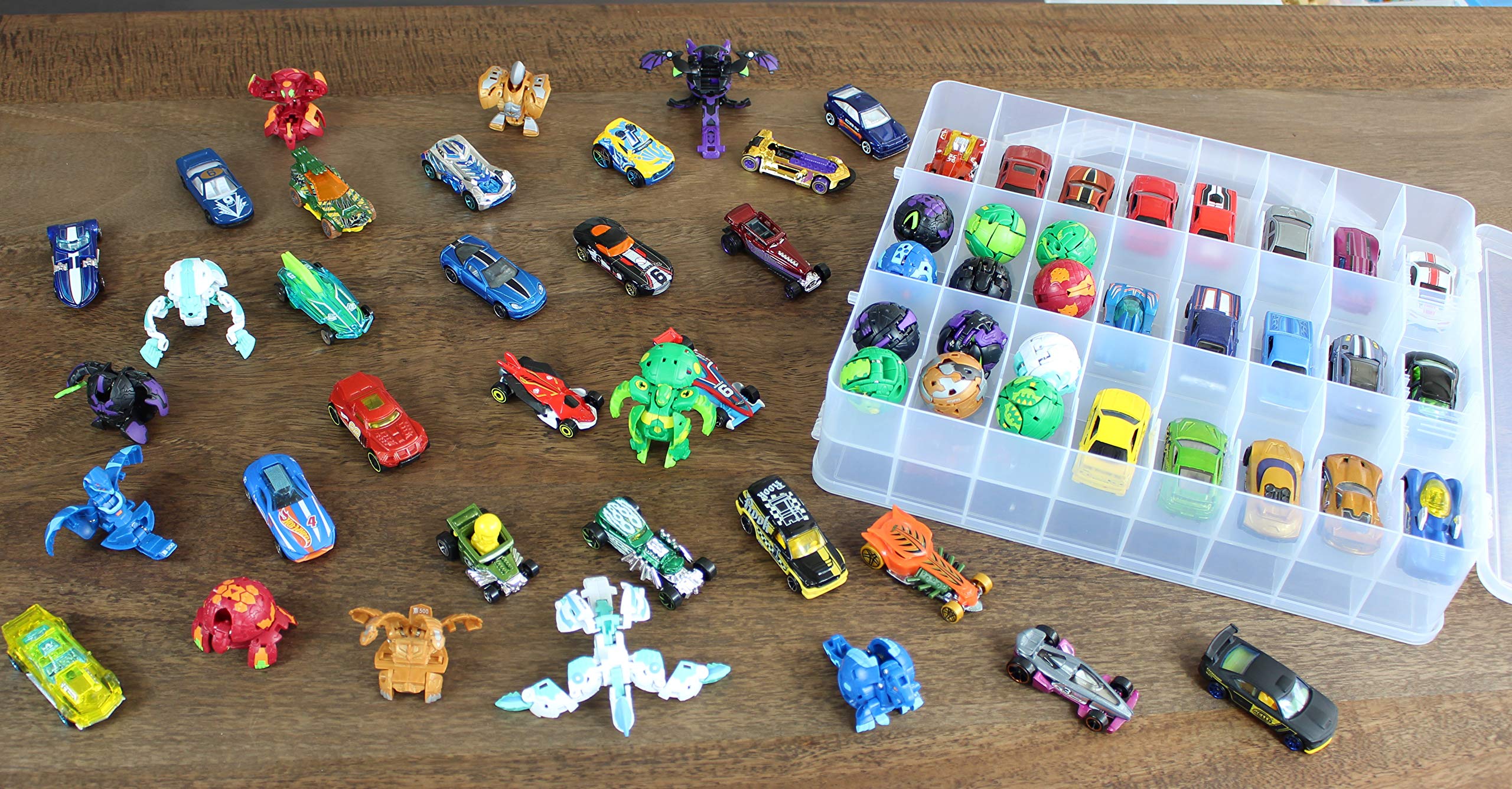 Bins & Things 48 Slot Toys Organizer - Compatible with Calico Critter, Hot Wheels, Tsum Tsum, MatchBox - Plastic Storage Display Case with Carrying Handle - Collection Box - 13.5x11.7x3.2 Inches
