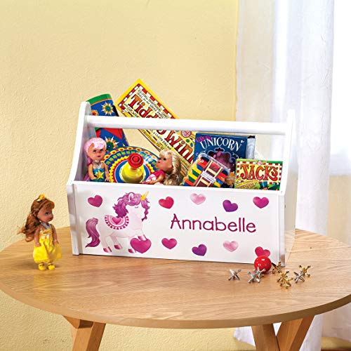 Fox Valley Traders Personalized Kids Wooden Toy Caddy, Customized Children’s Toy Storage Bin, Unicorn Hearts Design