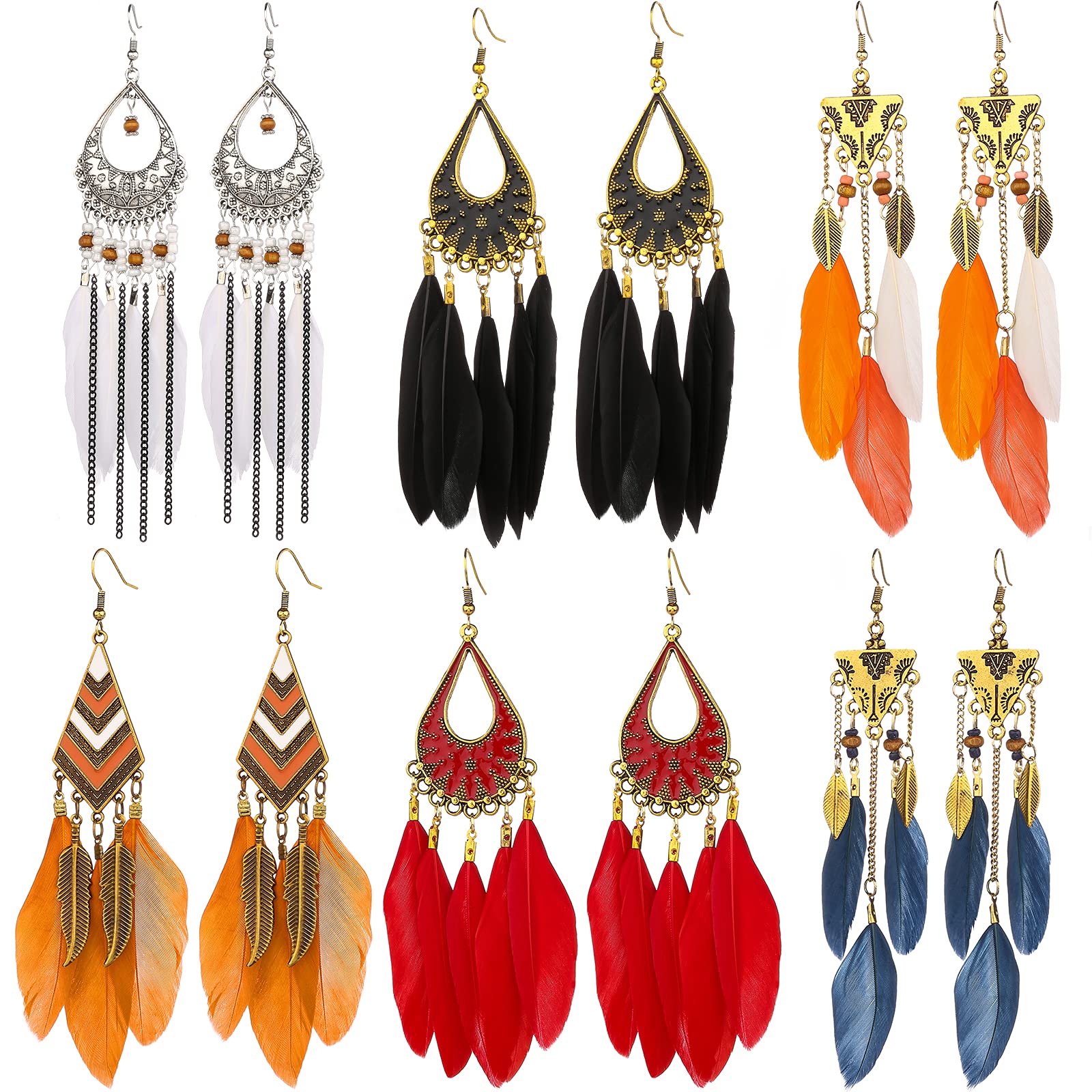 6 Pairs Women Feather Earrings Bohemian Fringe Tassel Long Drop Dangle Earrings Set with Dream Catcher Design Boho Earrings for Women Girls Birthday Christmas Holiday Party (style 4)