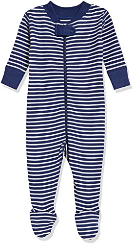 Moon and Back by Hanna Andersson Unisex Babies' one-Piece Organic Cotton Long-Sleeve Footed Pajamas, Navy Stripe, 12-18 Months