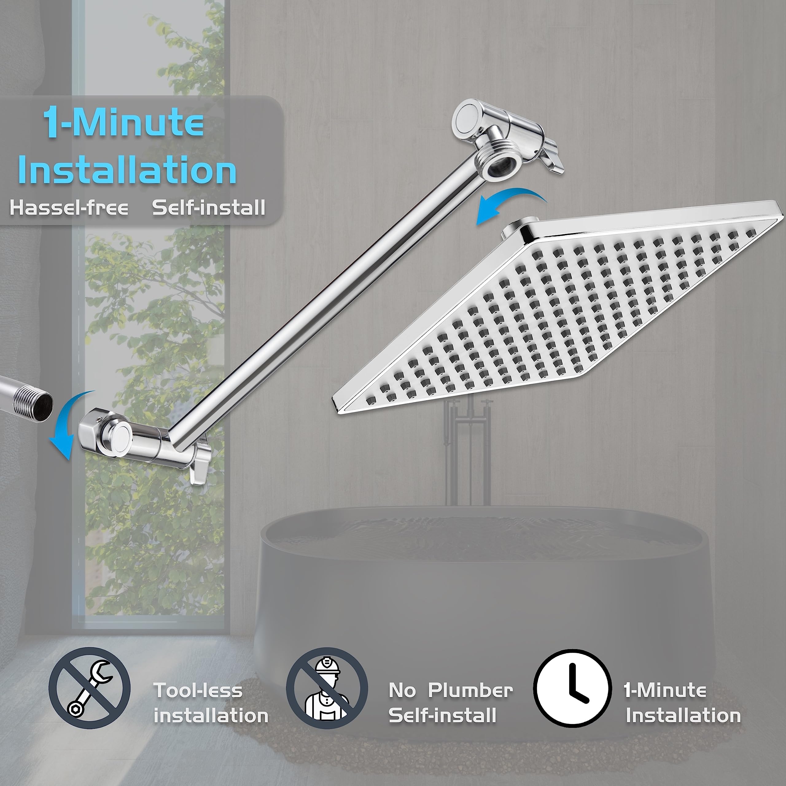 8'' Rain Shower Head with 15'' Extension Arm- ๐ฎ ๐ณ๐ผ๐ฟ ๐ญ ๐๐ผ๐บ๐ฏ๐ผ Large Surface Fixed Square Shower Head- Extra Long Adjustable Shower Head Extension Arm- Singing Rain Ultimate Shower Experience