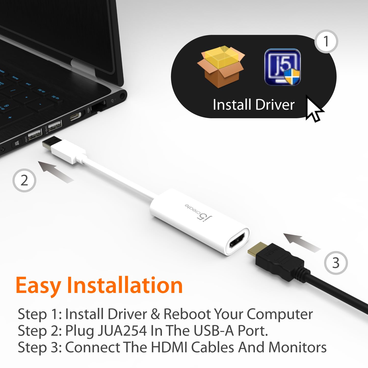j5create USB to HDMI Multi-Monitor Adapter Supports 1080p 2048 x 1152 @ 32 bits | USB 3.0 with 2.0 Support | Adapter is Compatible with Both Mac & Windows (JUA254)