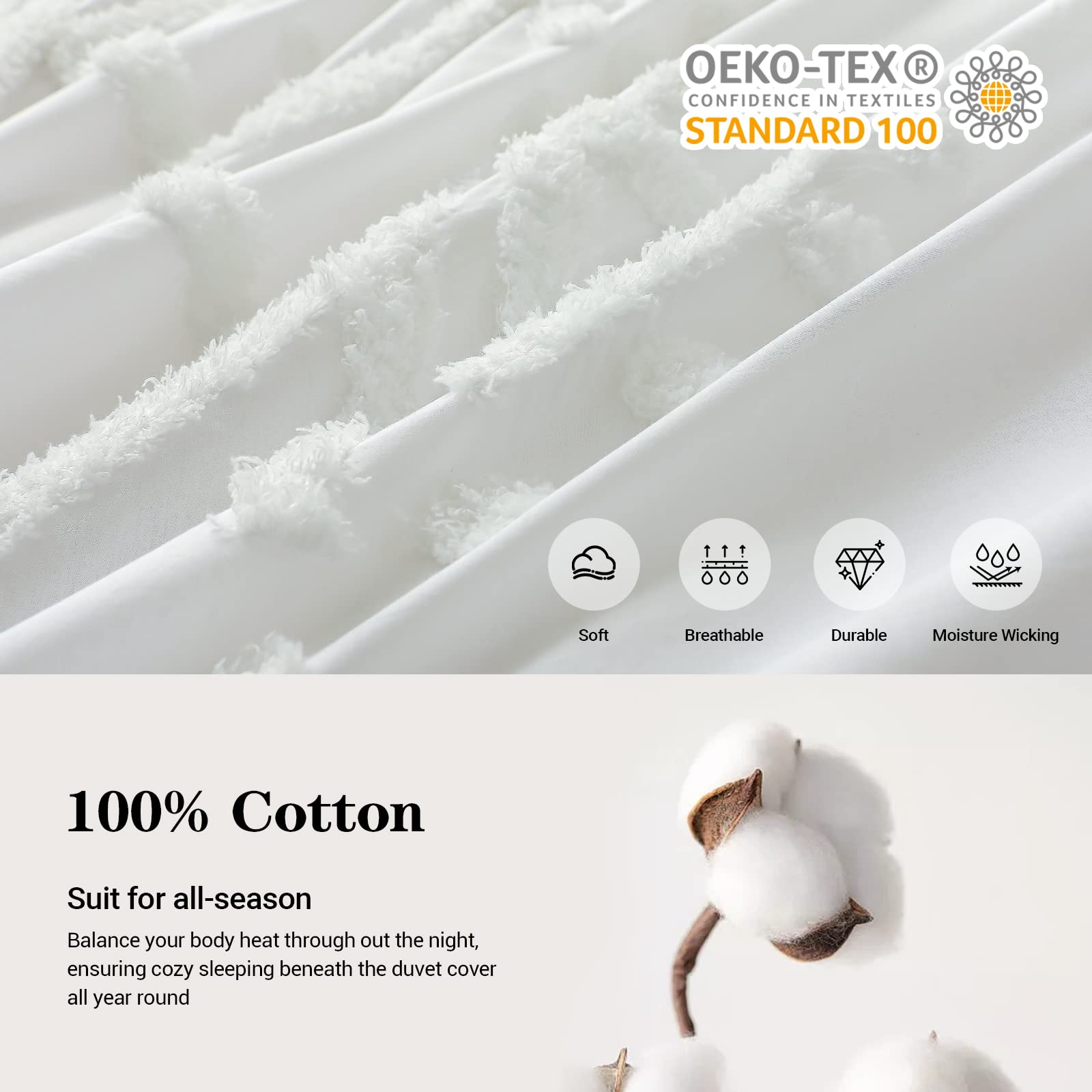 Simple&Opulence 100% Cotton Boho Tufted Duvet Cover Set, 3Pcs Textured Embroidery Comforter Cover Set -1 Duvet Cover&2 Pillowcases, Jacquard Shabby Chic Farmhouse Bedding for All Season(White, Queen)