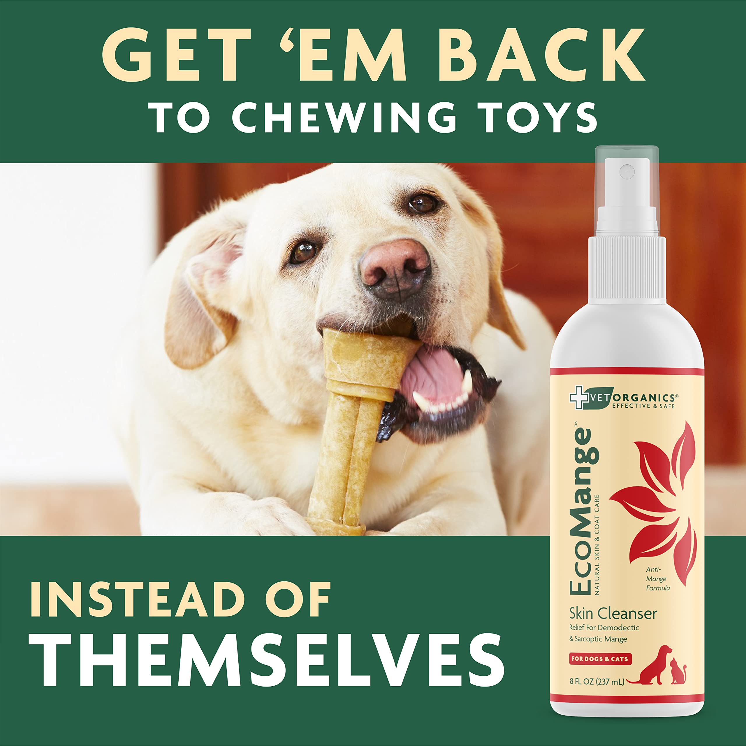 EcoMange Mange Relief for Dogs & Cats β 8 Oz. Cat & Dog Itch Relief, Sarcoptic & Demodectic Mite Spray β Herbal Extract & Essential Oil Itch Relief for Dogs β Natural Cat & Dog Sprays by Vet Organics