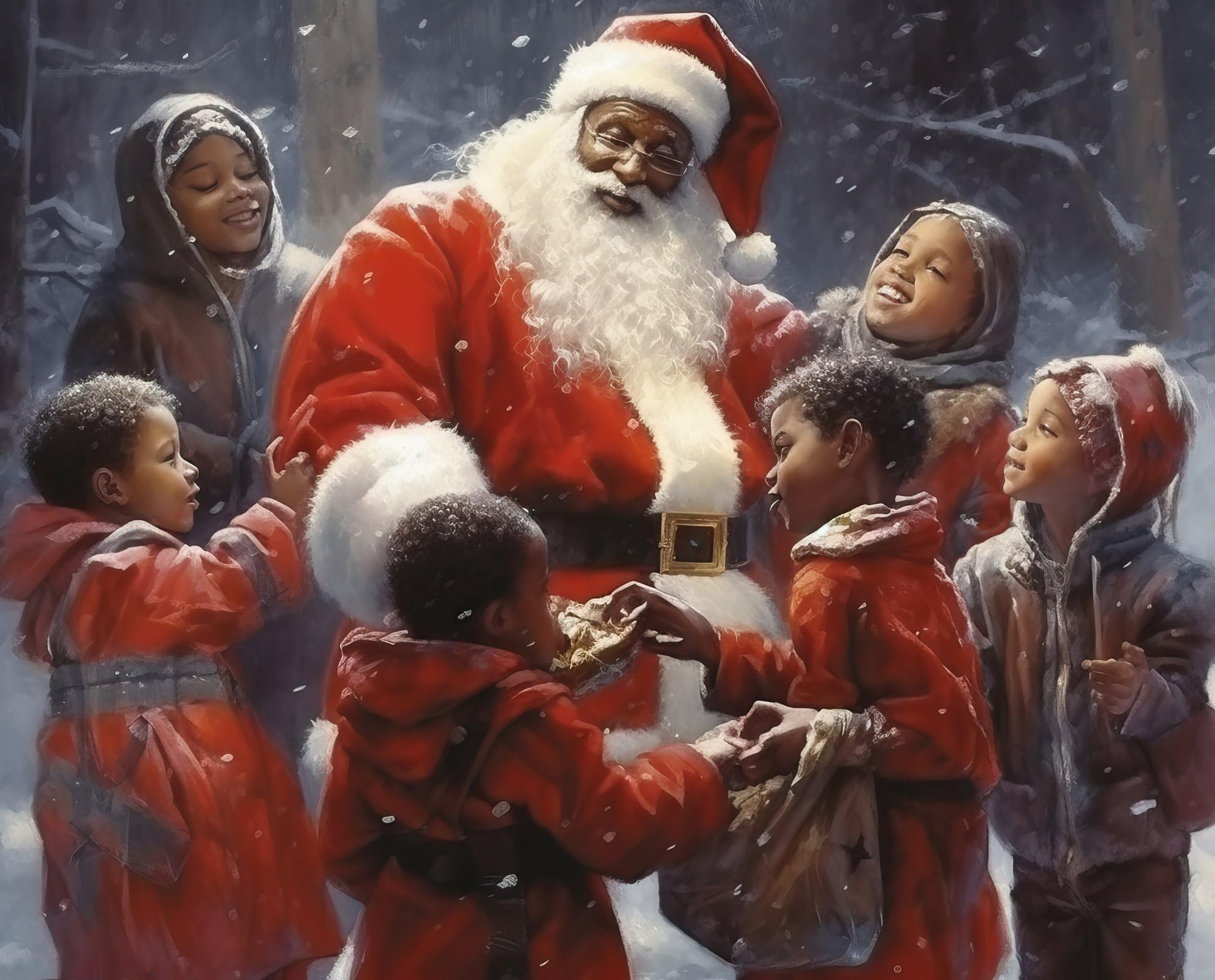 African American Santa with 6 Children Cotton Fabric Panel 36 X 44 Inches, David Textiles GL 0076