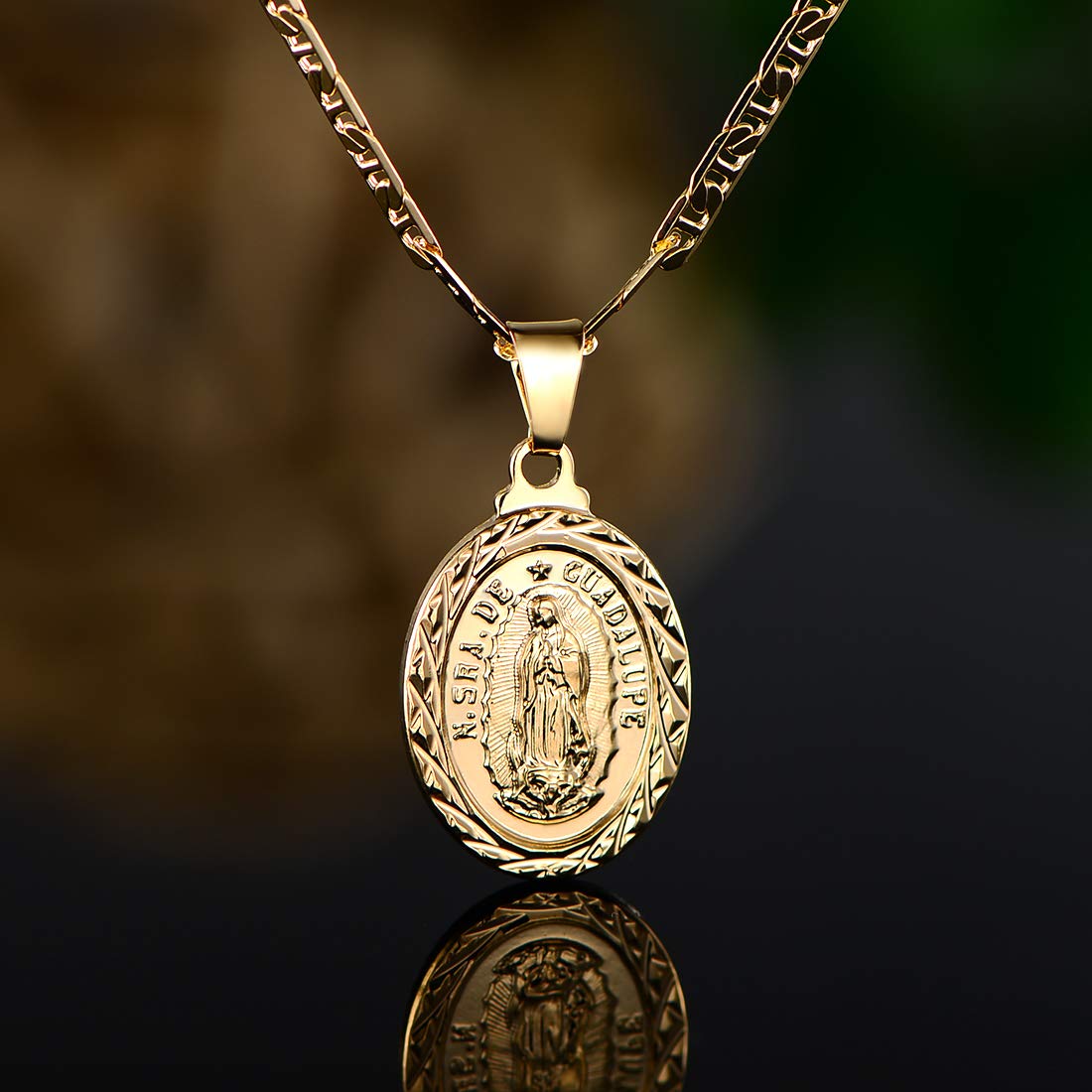 Barzel 18K Gold Plated Flat Mariner/Marina Chain Necklace With Virgin Mary Guadalupe Charm Pendant 3MM (20)