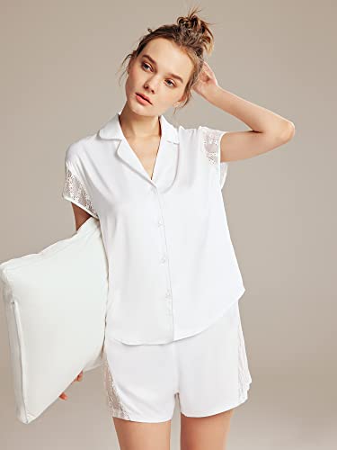 AW BRIDAL White Bride Pajamas Plus Size Silk Pajama Set for Women Short Button Down Pajamas with Patchwork Lace 2Pieces PJ Set, White XL