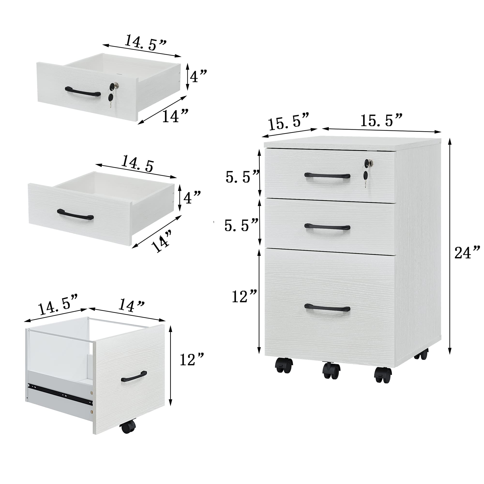 3 Drawers Wooden Locking File Cabinet with Storage Removable File Cabinet for Home Office,Under Desk Filing Cabinets(Black)