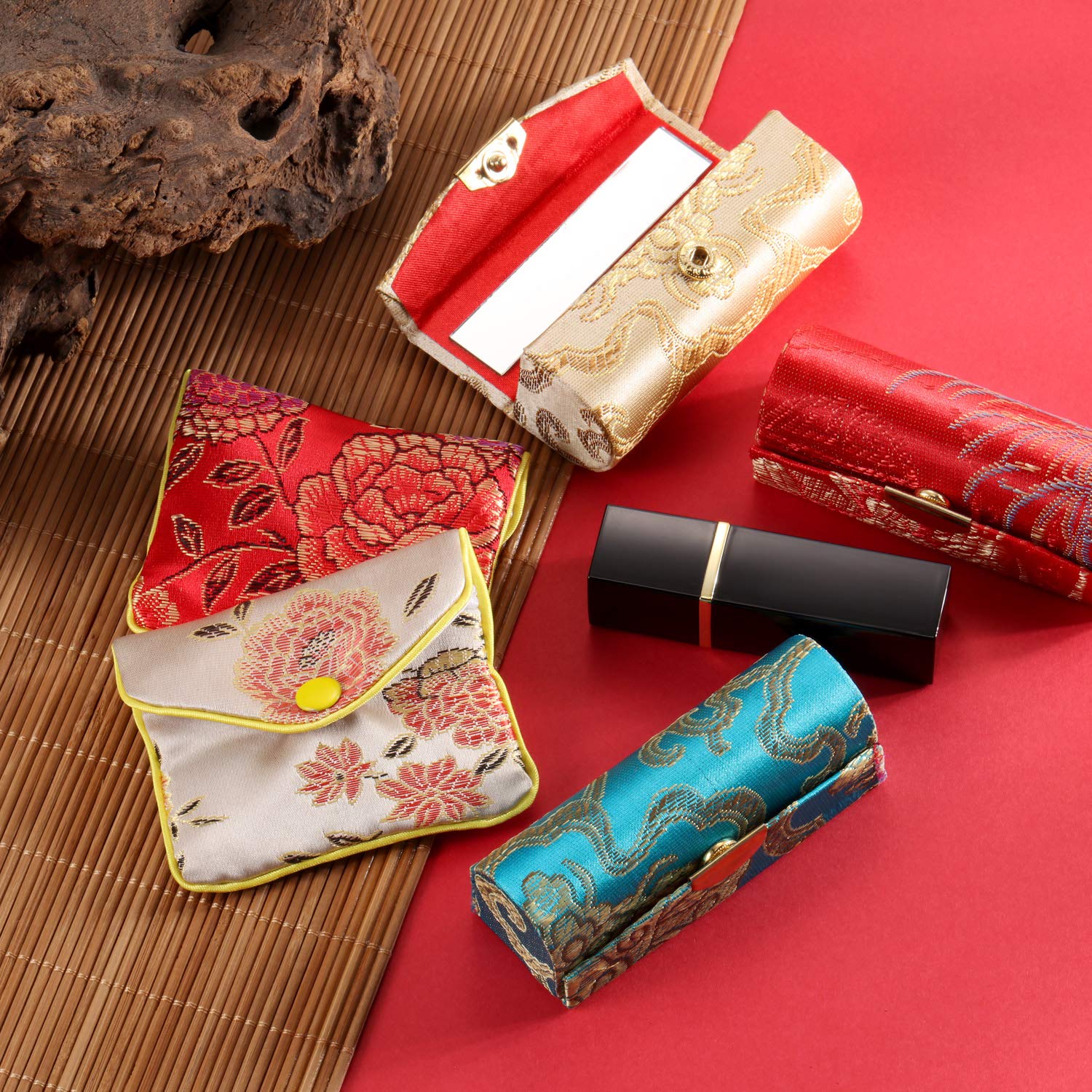 Hicarer 24 Pcs Silky Satin Fabric Lipstick Case with Mirror Lipstick Box Holder Purse Jewelry Brocade Xmas Embroidered Gift(Classic)