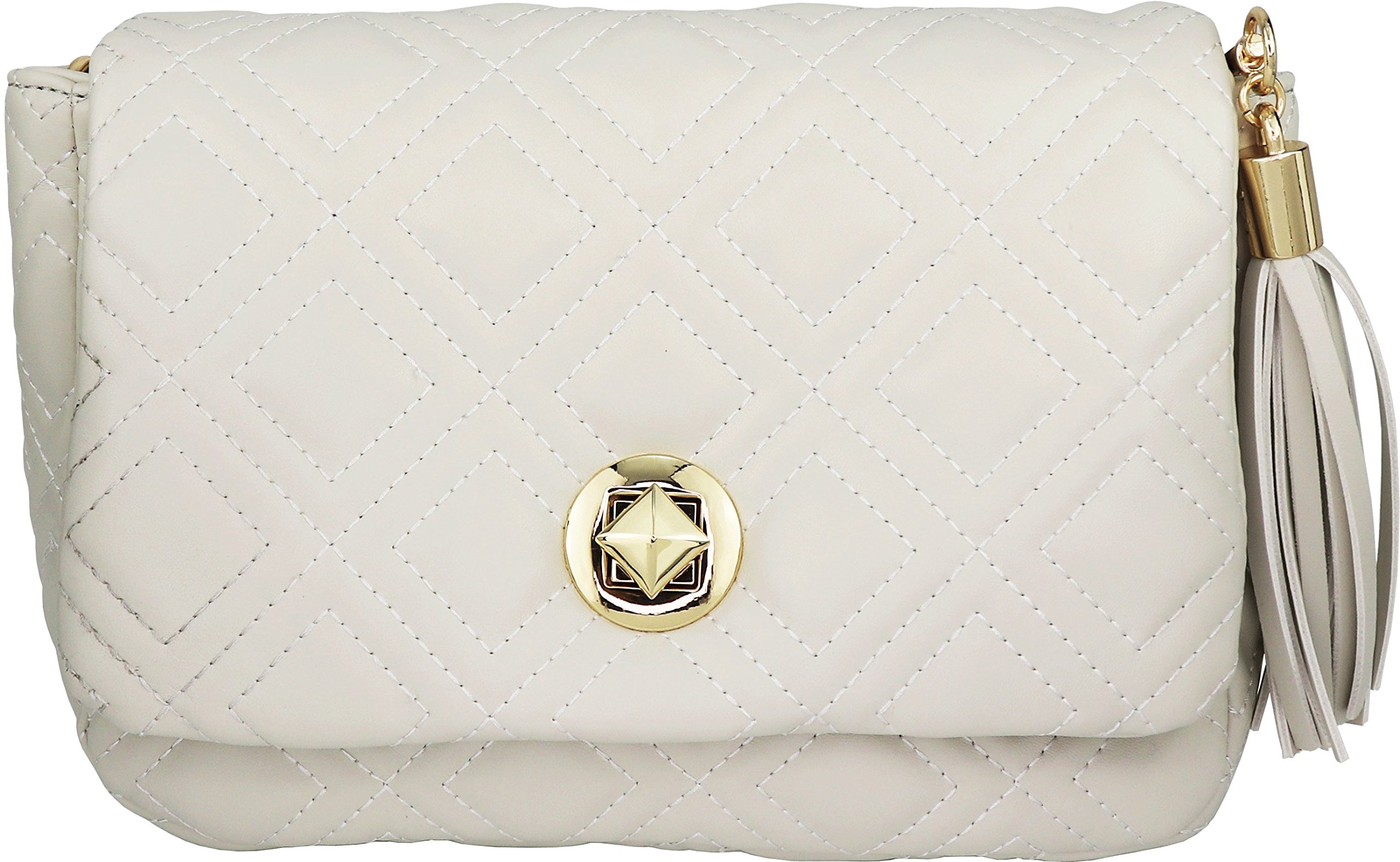 B BRENTANO Vegan Quilted Flap-Over Crossbody Bag with Chain Strap and Tassel Accent (Off-White)