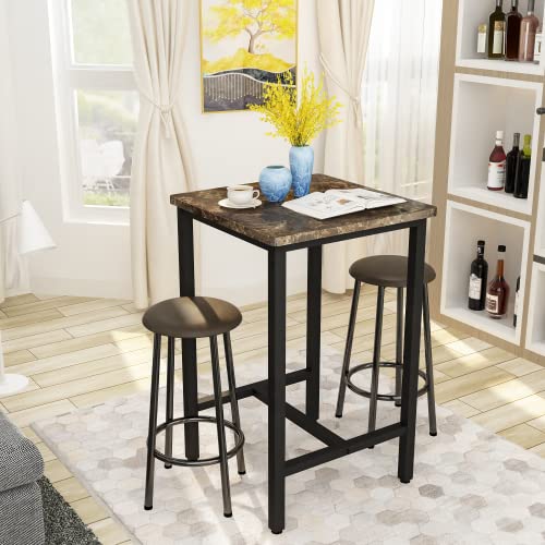 AWQM 3 Piece Dining Table Set Bar Table and Chairs Set for 2 Faux Marble Kitchen Counter Height Dining Table Set with 2 Padded Stools 3-Piece Modern Pub Table Set, Marble Brown, 23.6"