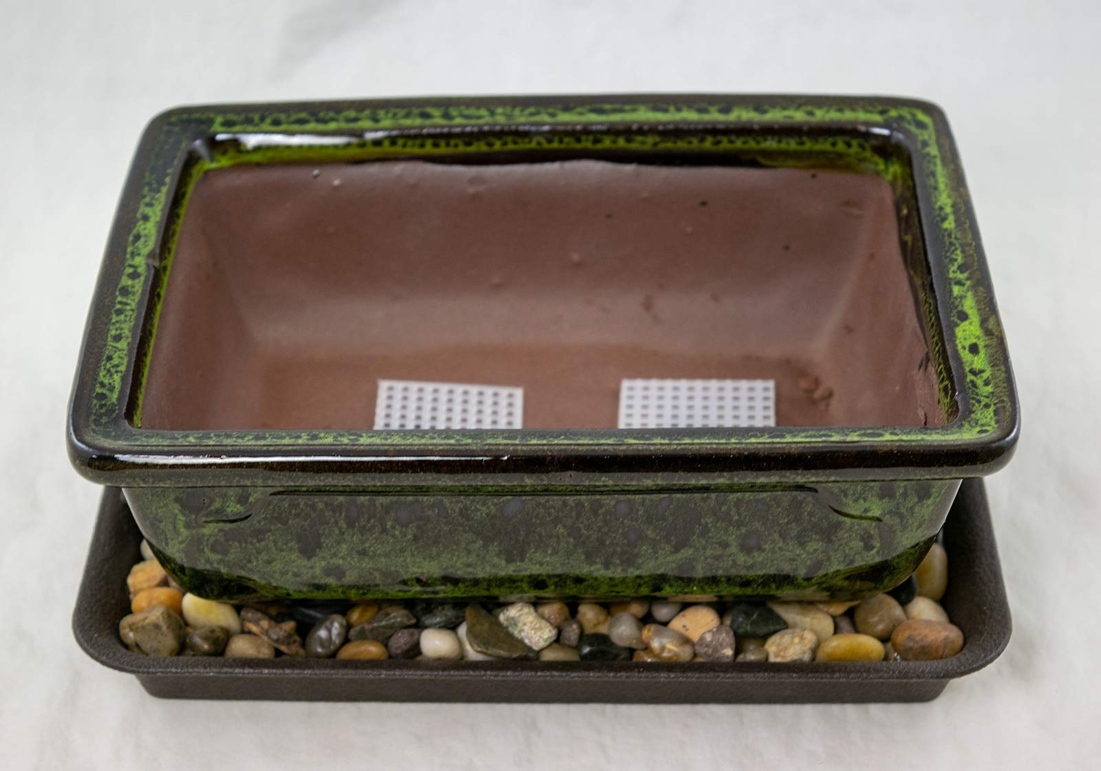8" Rectangular Moss Green Bonsai/Succulent Pot + Tray + Rock + Mesh Combo