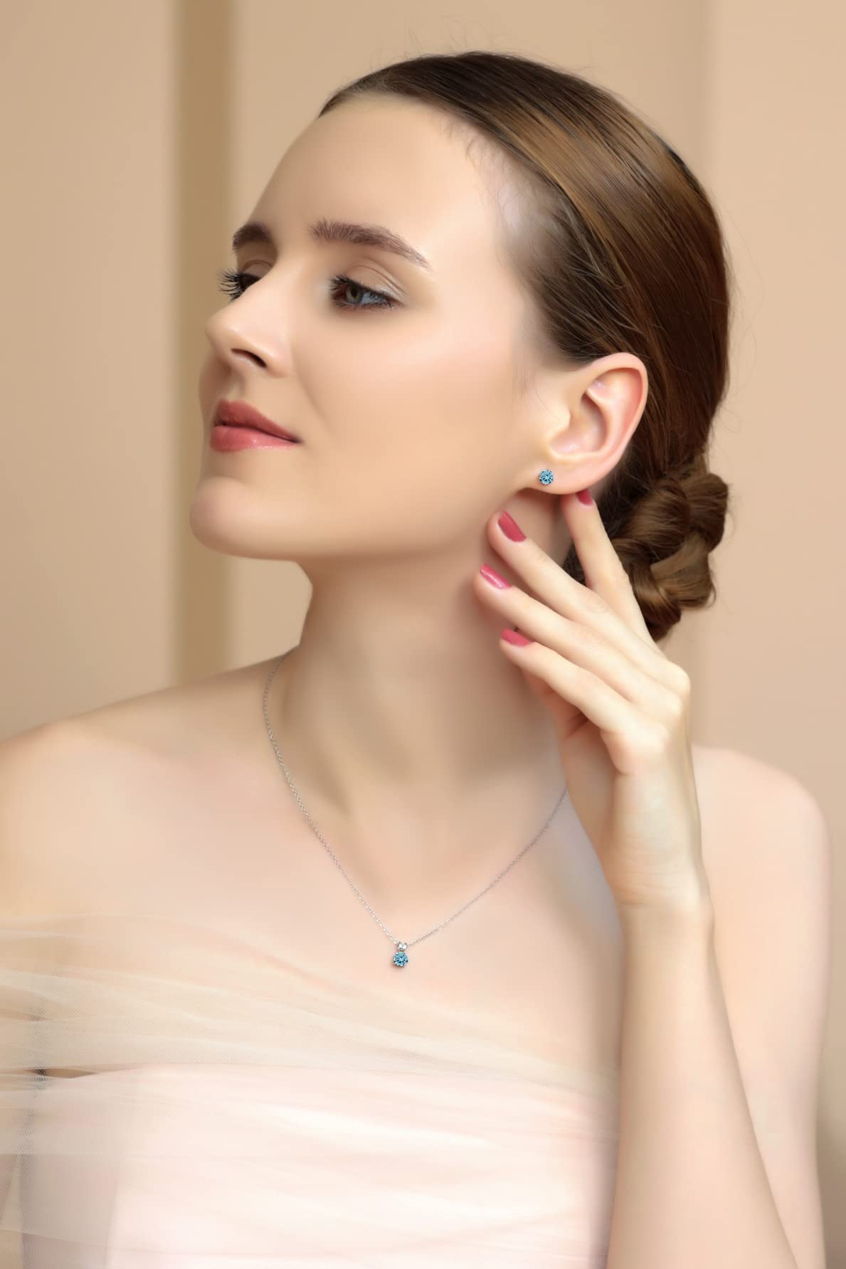 B. BRILLIANT Sterling Silver Solitaire Light Blue European Crystals Necklace & Stud Earrings Jewelry Set for Women | March Birthstone