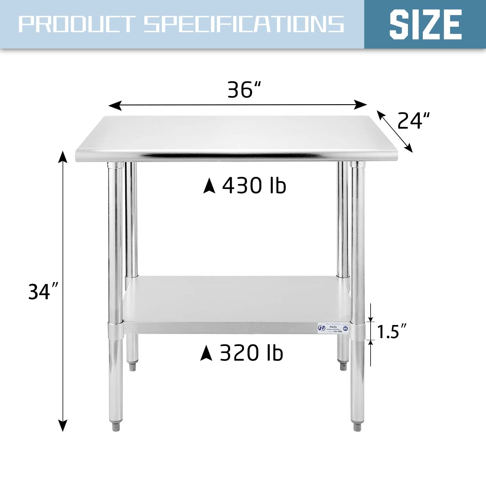 HALLY Stainless Steel Table for Prep & Work 24 x 36 Inches, NSF Commercial Heavy Duty Table with Undershelf and Galvanized Legs for Restaurant, Home and Hotel