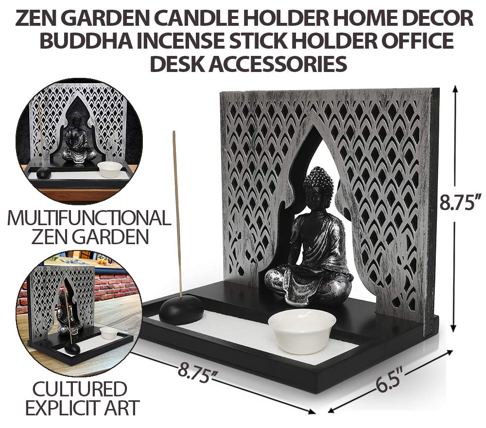 Basic Fundamentals Zen Garden Candle Holder Home Decor - Buddha Incense Stick Holder Office Desk Accessories - Zen Garden Sand Office Decor - Buddha Table Top - 8.75" x6.5”x 8.75”