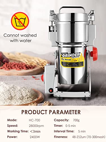 CGOLDENWALL 700g Electric Grain Grinder Mill Safety Upgraded 2400W High-speed Spice Herb Grinder Commercial Superfine Grinding Machine Dry Cereals Pulverizer CE 110V (700g Swing Type)