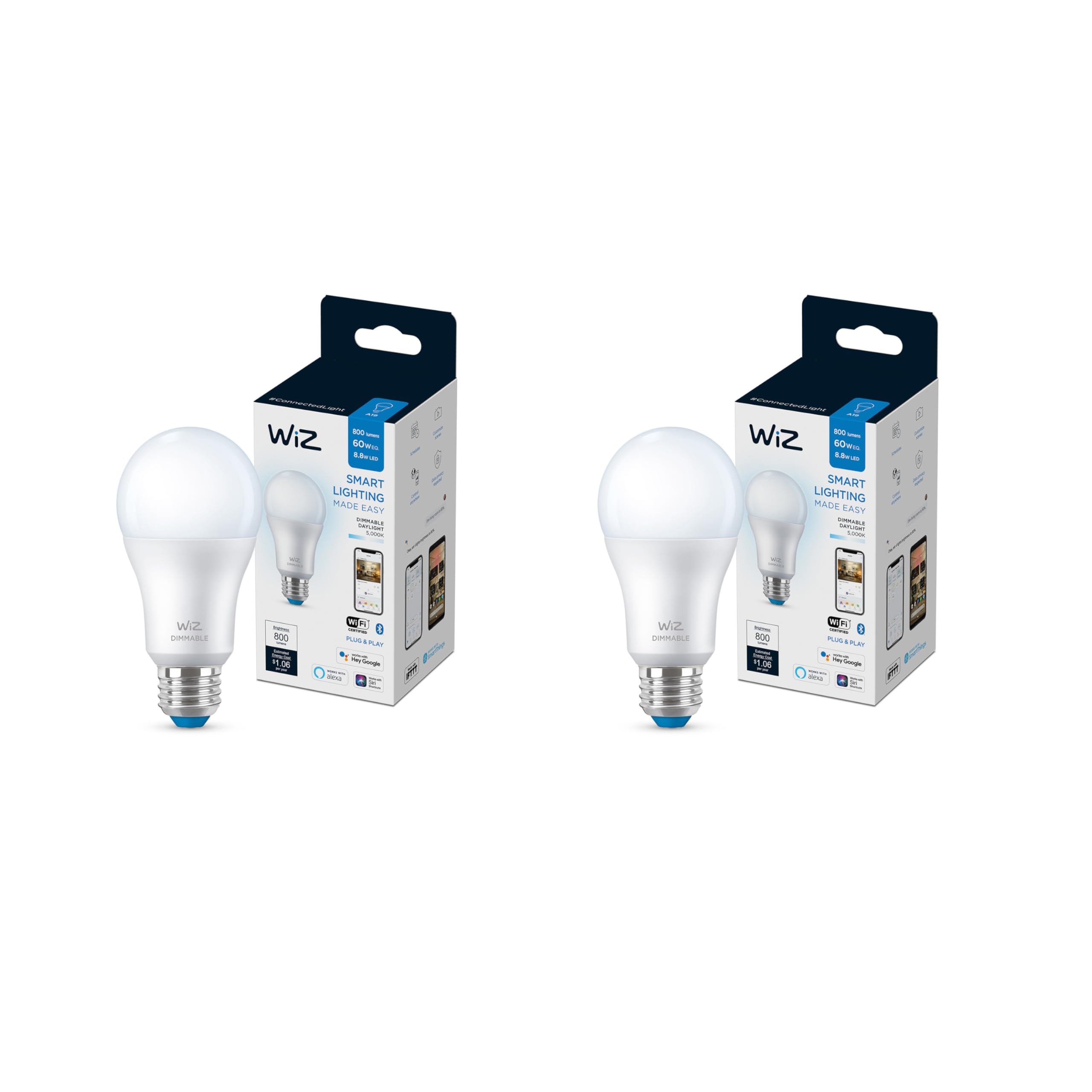 WiZ 60W A19 Dimmable Daylight (5000K) LED Smart Bulb - Pack of 2-800 Lumen - E26 - Indoor - Connects to Your Existing Wi-Fi - Control with Voice or App - Activate with Motion - Matter Compatible