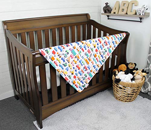 Top Tots Baby Blanket - City Cars and Trucks with Navy Blue Minky Dot