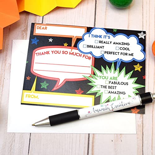 Chalkboard Speech Bubble Birthday Thank You Notes for Kids, Ten 4" x 5.5" Fill In The Blank Cards with 10 White Envelopes by AmandaCreationâŚ
