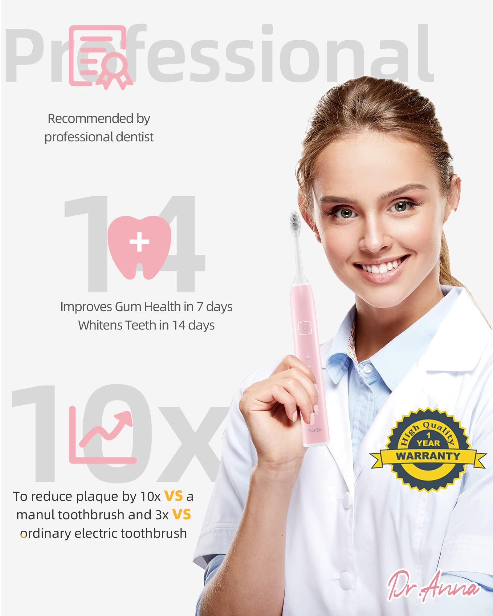 7AM2M Sonic Electric Toothbrush for Adults - USB Cable Charging, 90 Days of Use, 5 Adjustable Modes, Waterproof, Pink