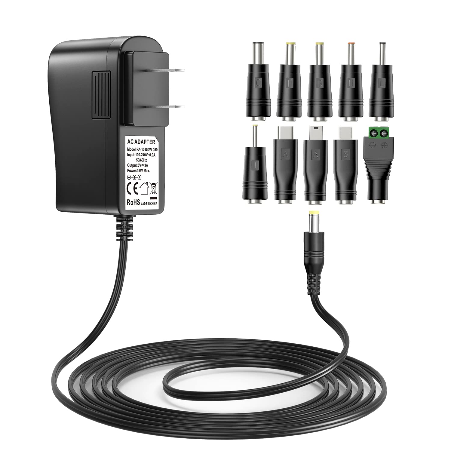 Nextbook Tablet Charger Adapter 5V 3A 2A 2.5A 1A AC DC Adapter w/ 8 Tips for Amazon Fire USB Hub TV Box LED Pixel Light Camera Speaker GPS Toys Webcam Router Power Supply Cord