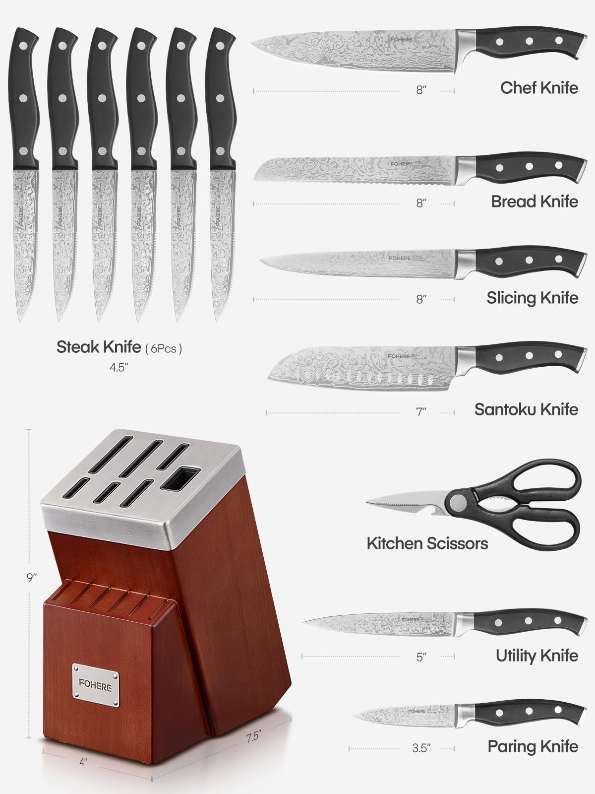 Knife Block Set, FOHERE 14 Pieces Razor-Sharp Self Sharpening Knife Set, High Carbon Stainless Steel Waved Pattern Knife Set with Block, Rust & Stain Resistant Kitchen Knives and Triple Riveted Handle