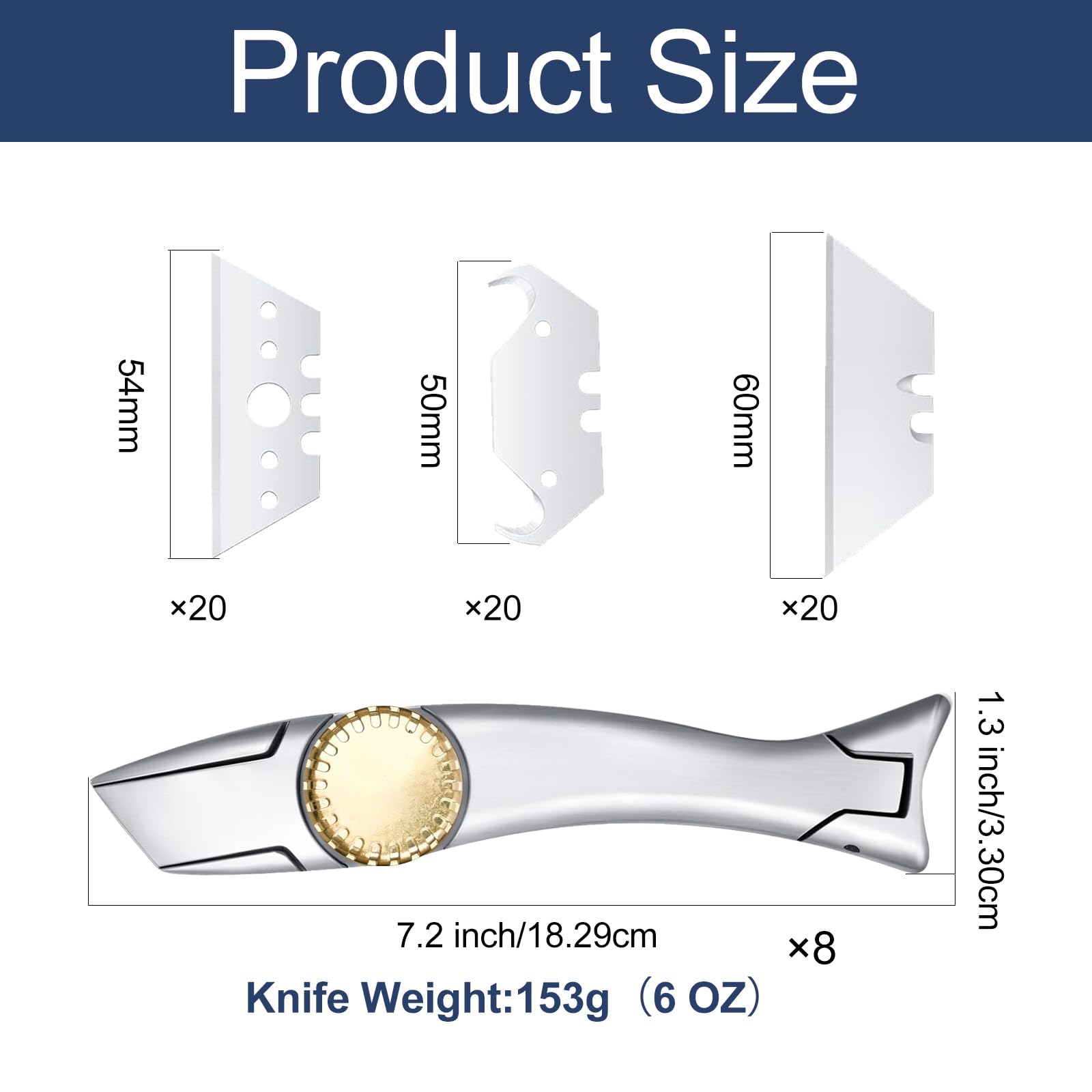 8 Pcs Heavy Duty Shark Knife Carpet Knife with 60 Pcs Replacement Knife Blades Roofing Tools Utility Knives Dolphin Knife Blade Cutter for Indoor Outdoor