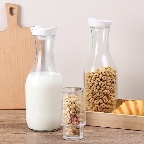 CUCUMI 3pcs 50oz Glass Carafe with Lids, 1.5 Liter Glass Water Pitcher Juice Containers Beverage Jugs for Mimosa Bar, Brunch, Cold Beverage