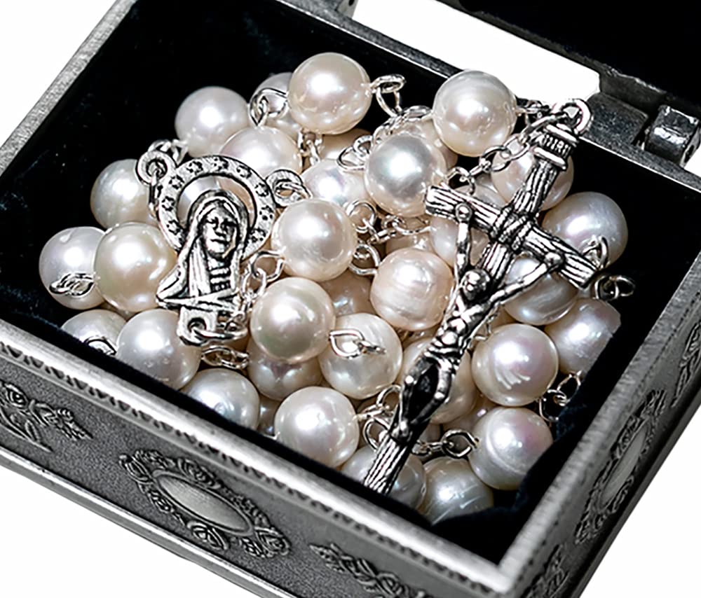 8mm freshwater natural pearl Catholic Rosary Necklace prayer religious handmade jewelry with Jewelry box