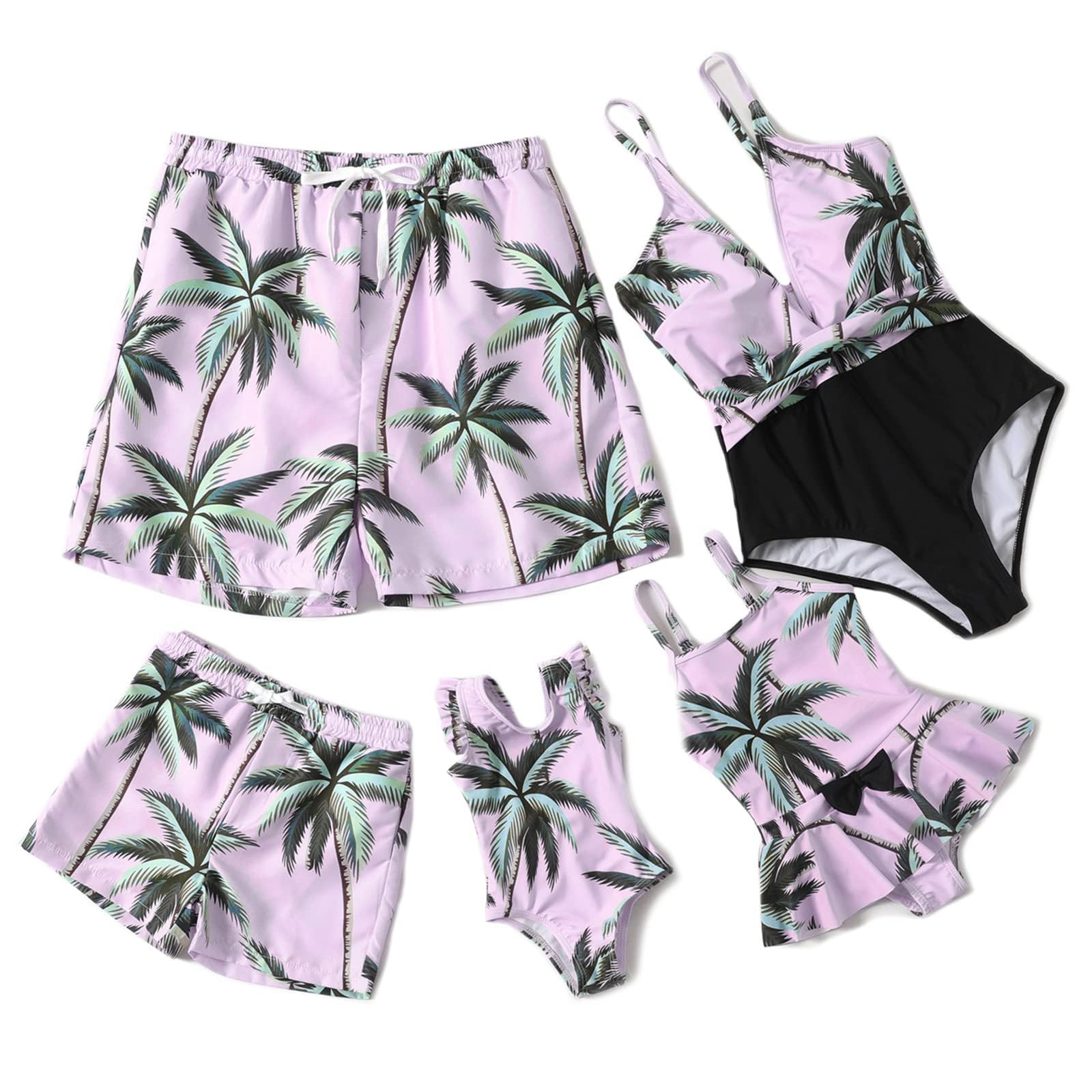 IFFEI Mommy and Me Swimsuits One Piece Monokini Bathing Suits Coconut Tree Printed V Neck Family Matching Swimwear Pink Men: M
