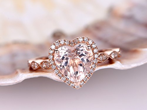 8mm Heart Shaped Cut Pink Morganite 14k Rose Gold Diamond Halo Marquise Engagement Ring Wedding Band