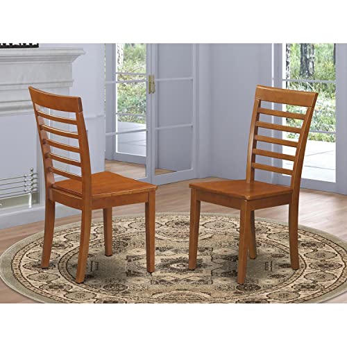 East West Furniture Milan Kitchen Dining Ladder Back Solid Wood Seat Chairs, Set of 2, Saddle Brown