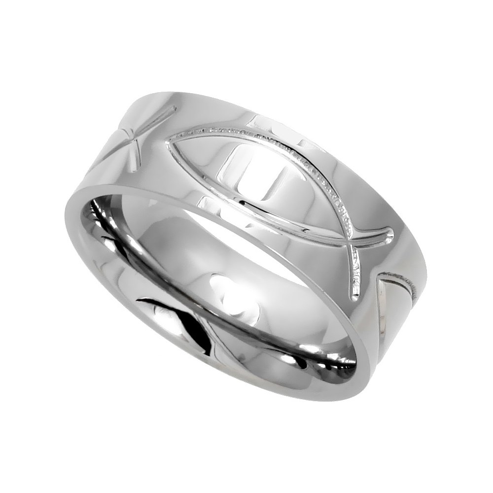 8mm Surgical Stainless Steel Christian Fish Wedding Band Ichthys Ring Comfort-Fit, size 7