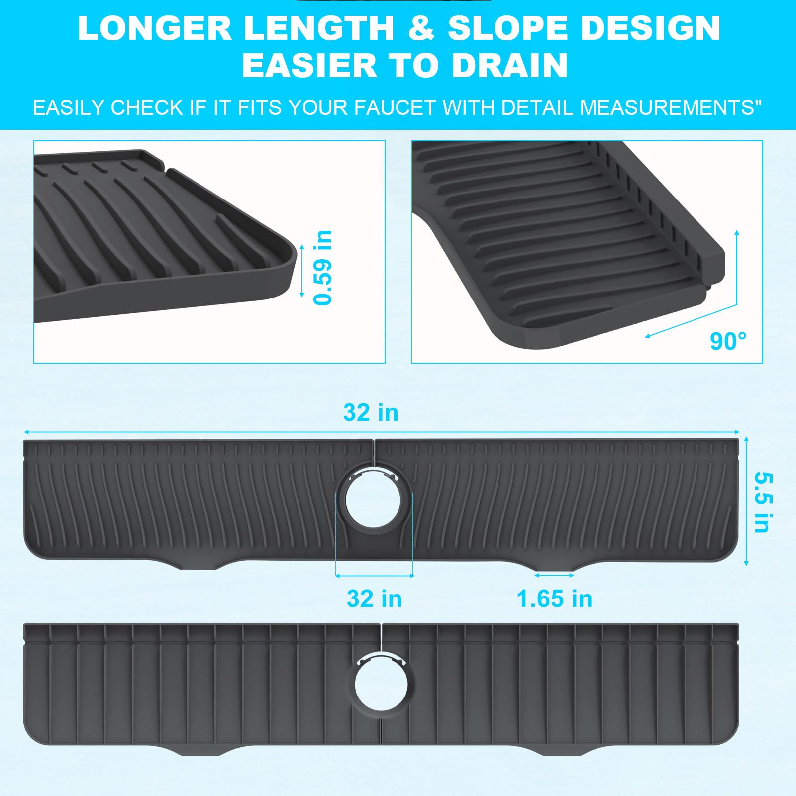 32 inch Kitchen Sink Splash Guard, Silicone Faucet Splash Guard, Large Size Silicone Sink Mat for Kitchen Bathroom, Faucet Handle Drip Catcher Tray (Black)
