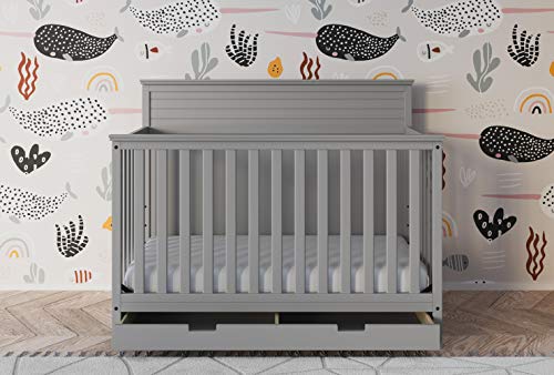 STORKCRAFT Homestead 5-in-1 Convertible Crib with Drawer (Pebble Gray) β GREENGUARD Gold Certified, Crib with Drawer Combo, Includes Nursery Storage Drawer, Converts to Toddler Bed and Full-Size Bed