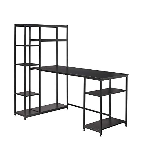 Modern Luxe L-Shaped Corner with Bookshelf 2-Pieces Computer PC Table Set Home Office Desk with Shelves, Black