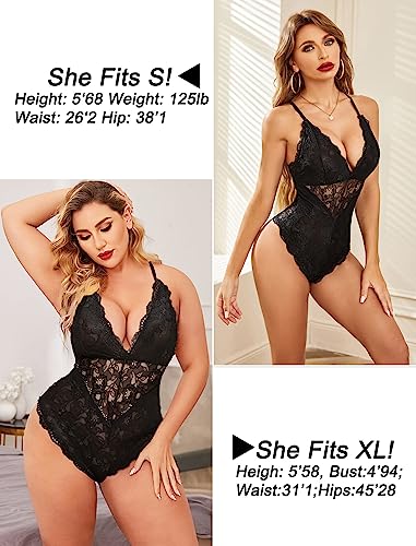 Avidlove Sna-p Crotch Lingerie Women Deep V Lace Teddy Bodysuit One Piece Babydoll(Black,XL)