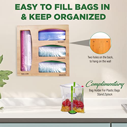 Bamboo Bag Organizer for Drawer and Wall , Sandwich Bag Organizer Bundled with Baggie Holder , 4 Slots Food Storage Bag Holder , Baggie Organizer Set , Natural Bag Storage Organizer with Black Labels