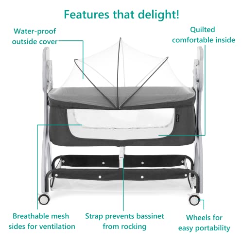Dream on Me Cub Portable Bassinet in Dark Grey, Multi-Use Baby Bassinet with Locking Wheels, Large Storage Basket, Mattress Pad Included, JPMA Certified