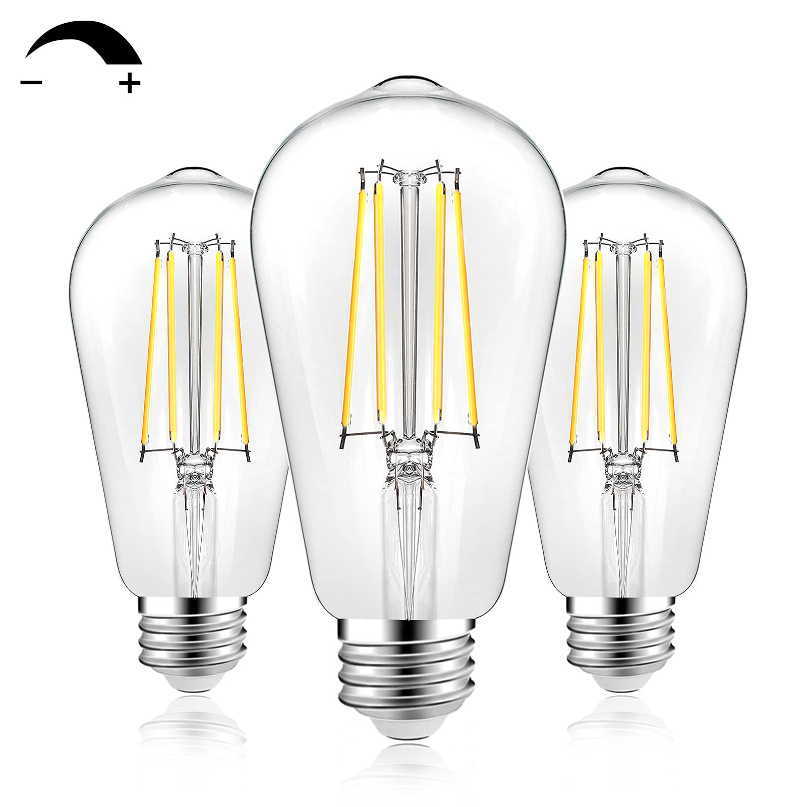 3-Pack Vintage 6W LED Edison Bulbs, ST64 Dimmable LED Light Bulbs, Equivalent 60W Energy Saving Night Light Bulb, E26 Base 2700K 800 Lumen Warm Light, CRI85+, Antique LED Filament Bulbs Clear Glass