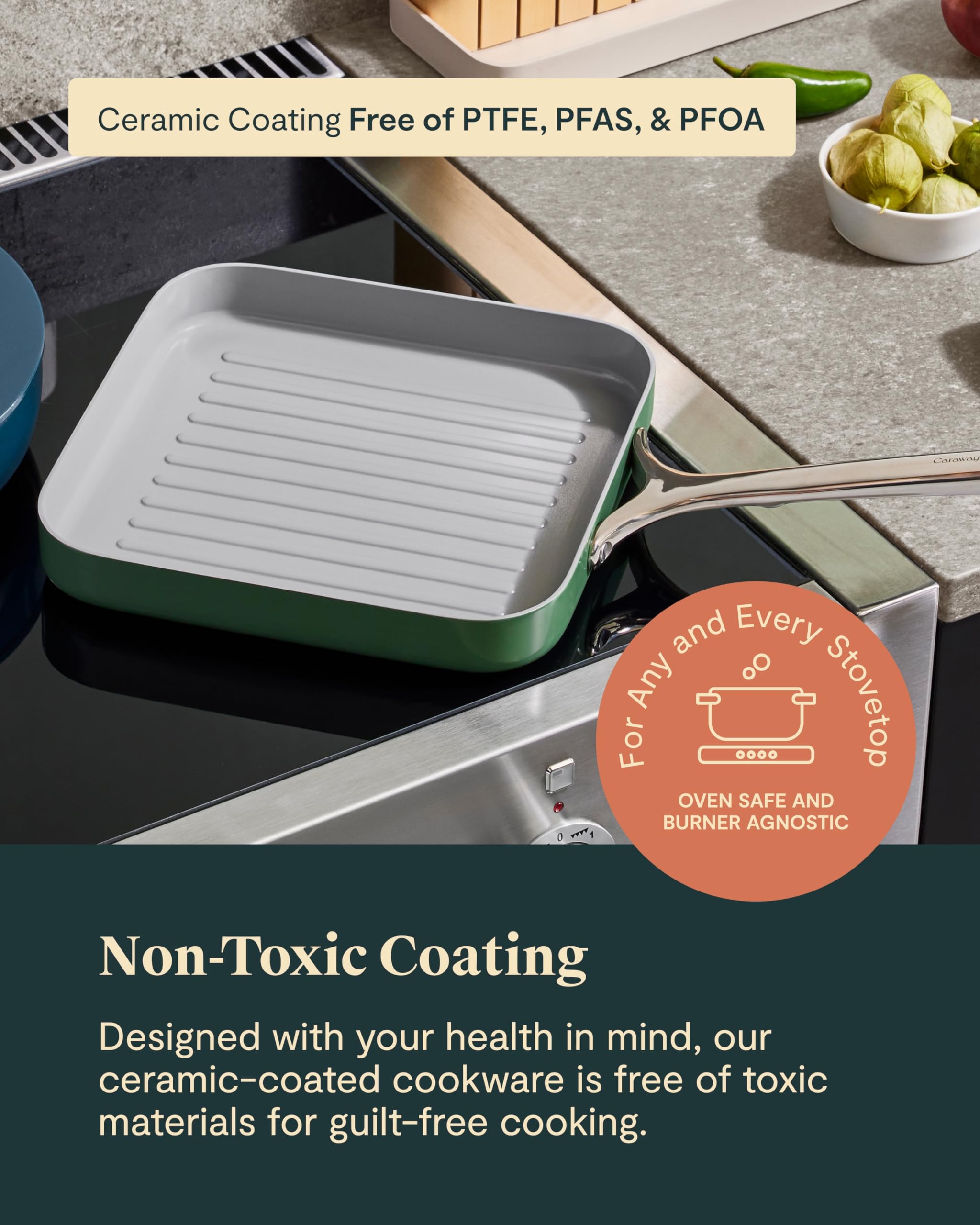 Caraway Square Grill Pan - 11β Grill Pan - Non-Stick Ceramic Coated - Non Toxic, PTFE & PFOA Free - Oven Safe & Compatible with All Stovetops - Gray