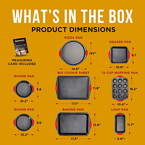 Baking Set – 8 Piece Kitchen Oven Bakeware Set – Deluxe Non-Stick Black Coating Inside and Outside – Carbon Steel – Red Silicone Handles – PFOA PFOS and PTFE Free by Bakken